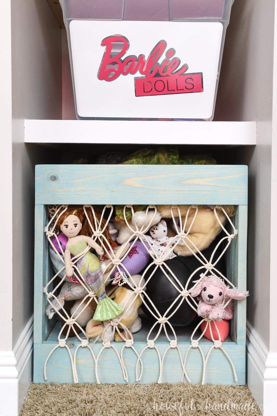 DIY Stuffed Animal Storage Bin with Macrame Net - Houseful of Handmade