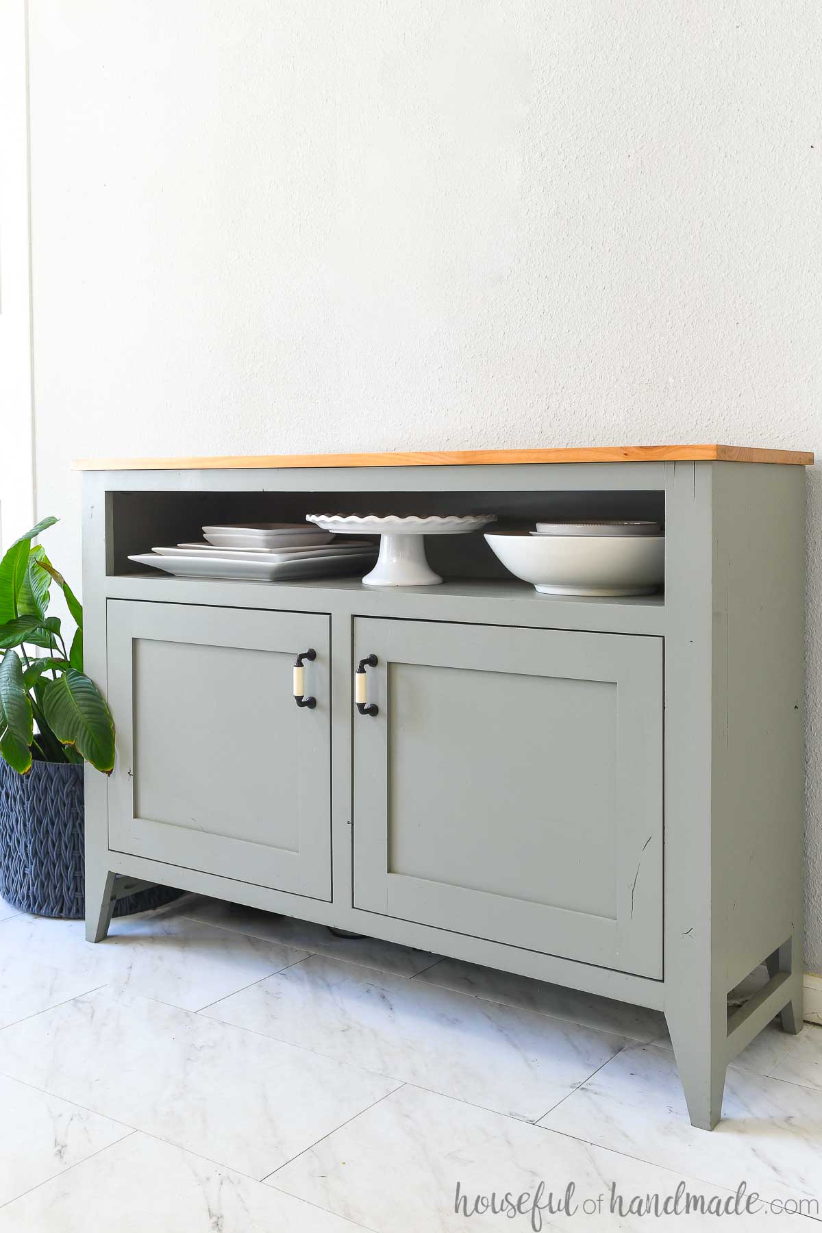 DIY Sideboard with Serving Dish Storage Shelf - Houseful of Handmade
